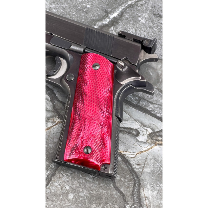 1911 Kirinite® Red Pearl "NEW" Reactive Checkered Grips Medallions None Surface Reactiv Safety ...
